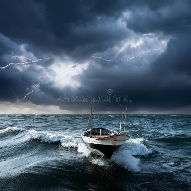 Small Boat with Lightning Strike, AI Generated Stock Illustration ...