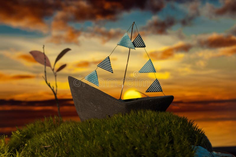 Small Boat on the Moss at Sunset Stock Photo - Image of leafs, small ...
