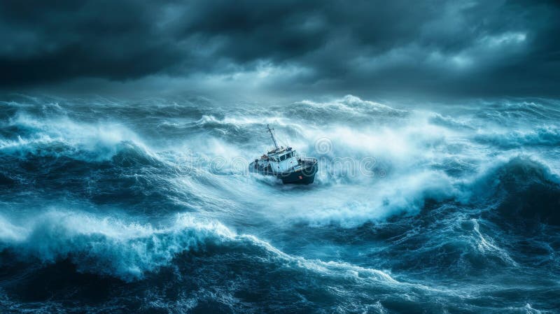 Small Boat Navigating Rough Seas Under Stormy Skies Stock Illustration ...