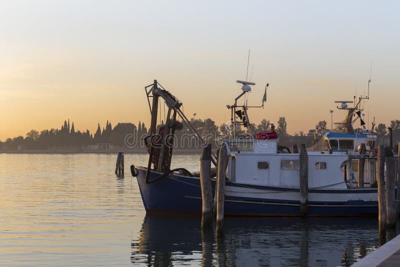 Small Boat is at the Pier at Sunset Stock Image - Image of colorful ...
