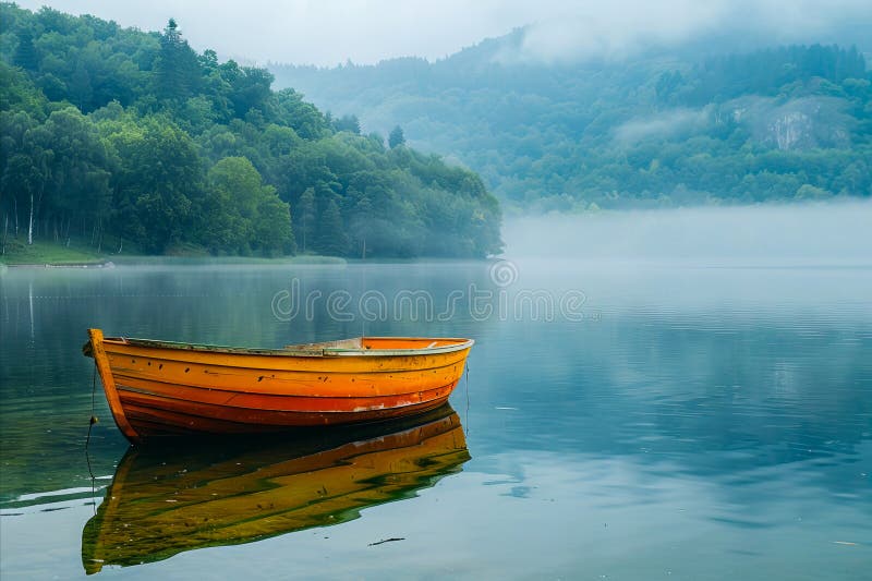 A Small Boat Sits on the Water in a Foggy Forest Stock Image - Image of ...