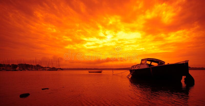 Small Boat and Sunset in Denmark Stock Photo - Image of peace, denmark ...