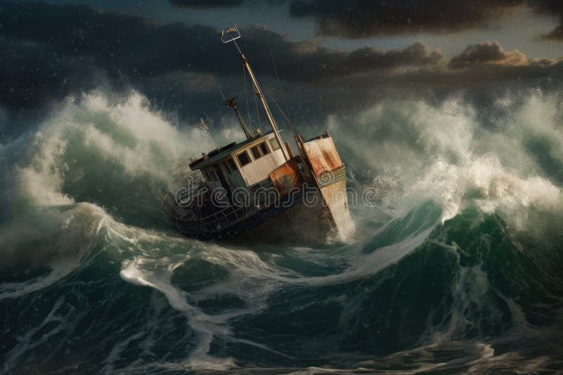 A Small Boat Tipping Over in Rough Waves Stock Illustration ...