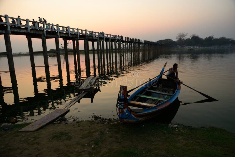 Small Boat at U Bein Bridge during Sunset Editorial Stock Image - Image ...