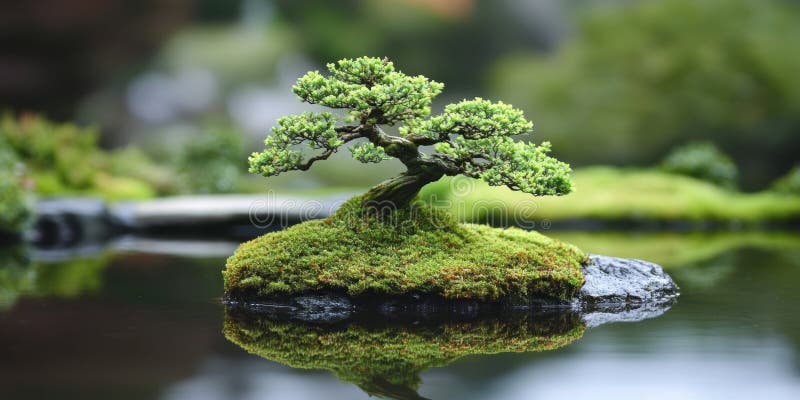 A Small Bonsai Tree Grows on a Rock Surrounded by Calm Water. Stock ...