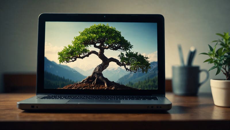 Small Bonsai Tree on Laptop Screen. Human Civilization Progress Concept ...
