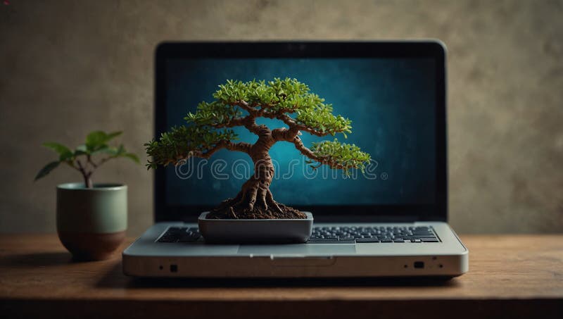 Small Bonsai Tree on Laptop Screen. Human Civilization Progress Concept ...
