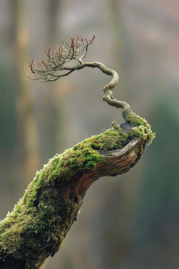 A Small Bonsai Tree with Lush Green Moss Growing on Its Trunk and ...