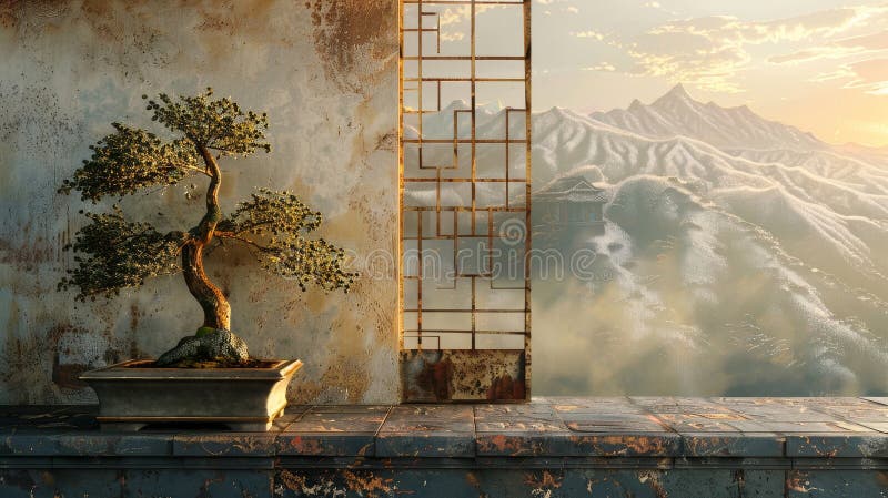 A Small Bonsai Tree Sits on a Ledge Next To a Wall Stock Photo - Image ...