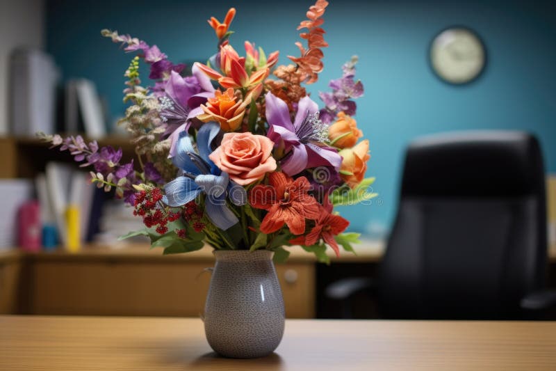 A Small Bouquet of Flowers on an Office Desk Stock Image - Image of ...