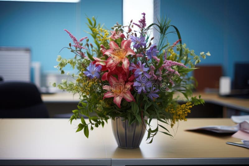 A Small Bouquet of Flowers on an Office Desk Stock Illustration ...