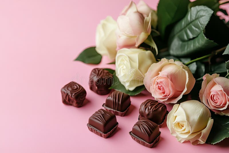 A Small Bouquet of Roses and Chocolates for Valentine Day, Styled on a ...