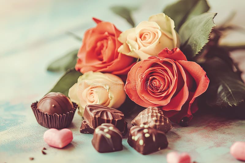 A Small Bouquet of Roses and Chocolates for Valentine Day, Styled on a ...