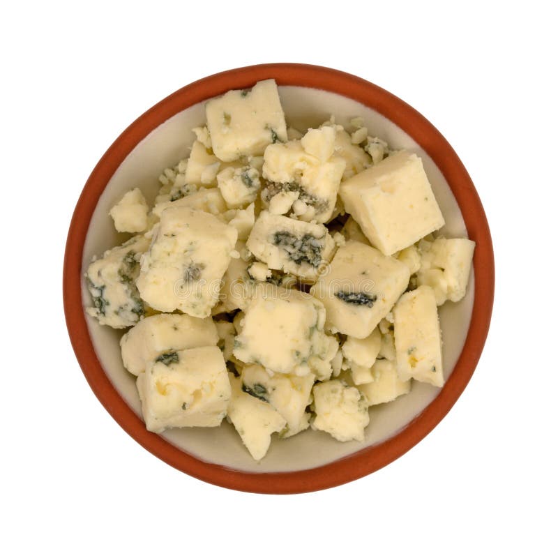 Small Bowl Filled with Chunks of Blue Cheese on a White Background Top ...