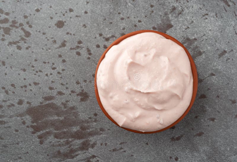 Small Bowl of Red Raspberry Yogurt on a Gray Background Top View Stock ...