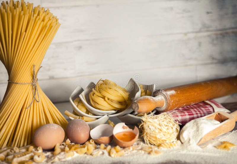 Small Bowls with Pasta with Rolling Pin,tied Spaghetti and Flour Stock ...