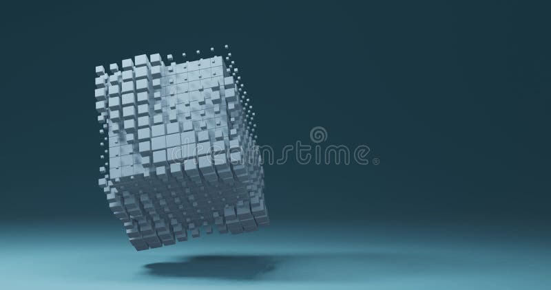 Small Boxes Floating Around a Spinning White Cube. Minimalist Abstract ...