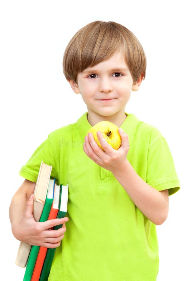 The Small Boy with Apple and Books Stock Image - Image of school, bunch ...