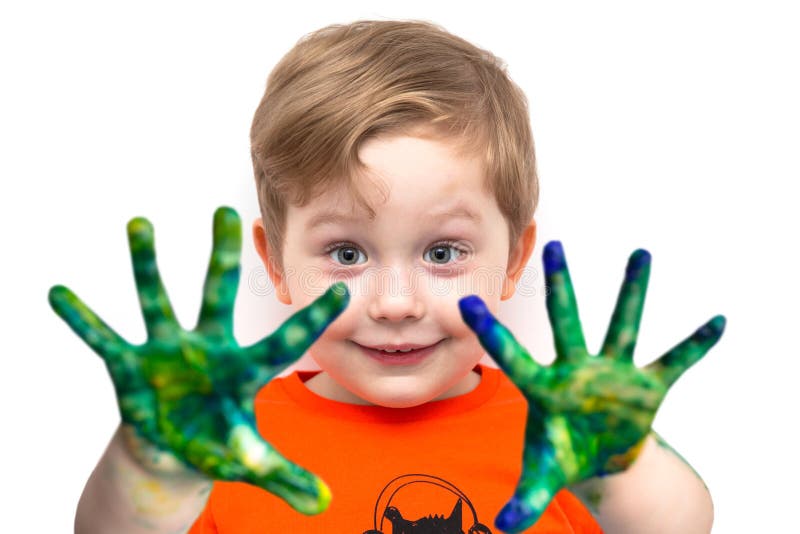 Small Boy with Colorful Hands Stock Photo - Image of education ...