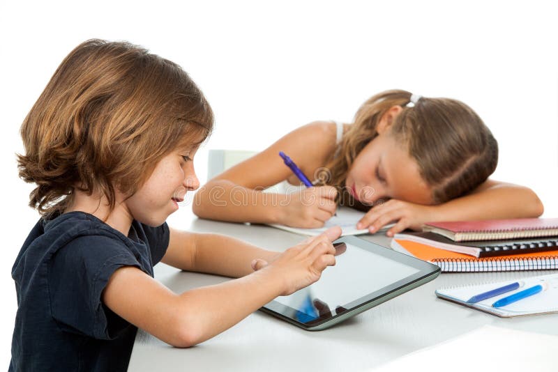 Boy Showing Homework on Tablet Outdoors. Stock Photo - Image of ...