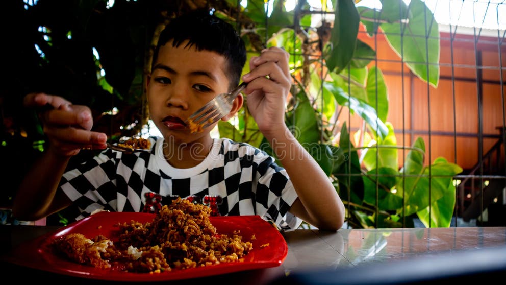 A Little Boy is Eating Fried Rice Stock Image - Image of healthy, food ...