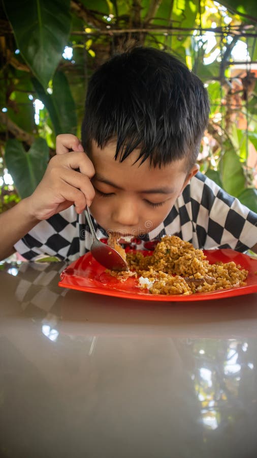 A Little Boy is Eating Fried Rice Stock Image - Image of face, healthy ...