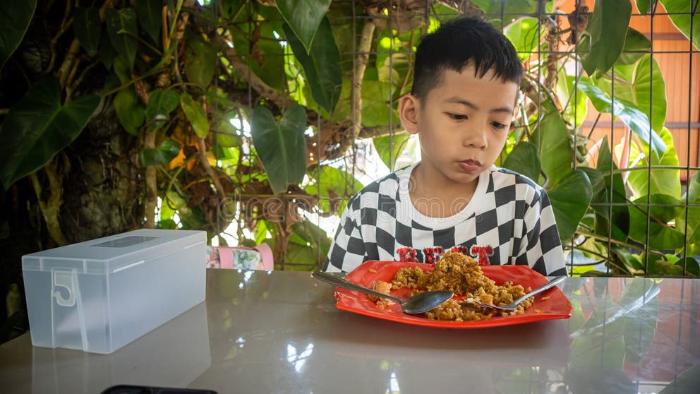 A Little Boy is Eating Fried Rice Stock Photo - Image of kitchen ...