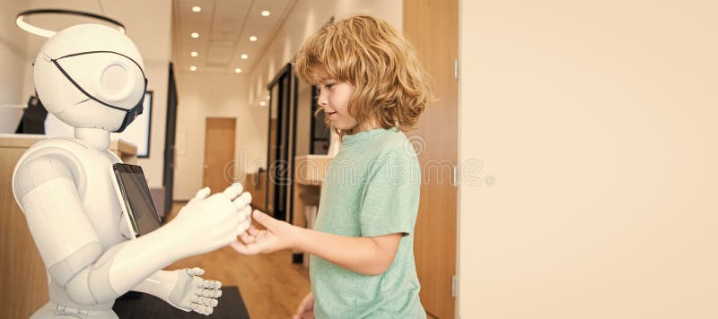 Small Boy Interact with Cyborg Artificial Intelligence, Communication ...