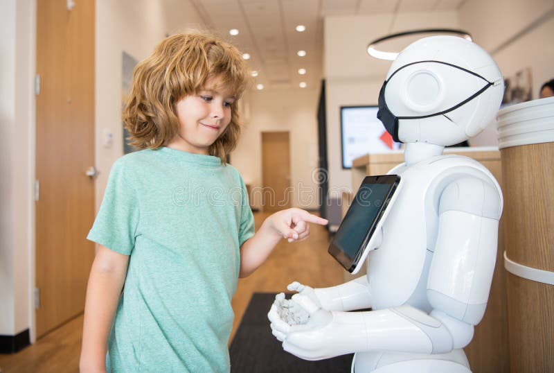Small Boy Interact with Robot Artificial Intelligence, Communication ...