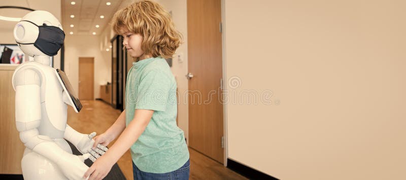 Small Boy Interact with Robot As Innovative Technology, Communication ...