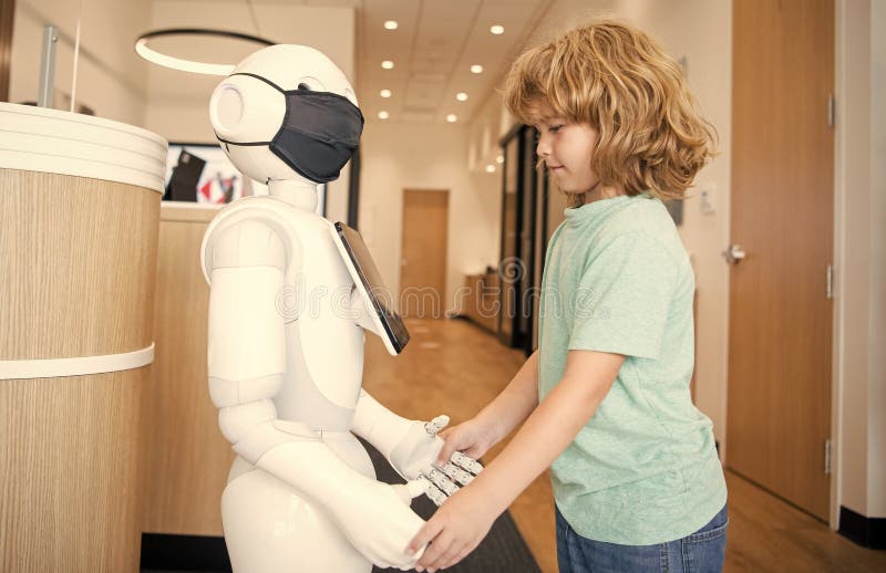Small Boy Interact with Cyborg Artificial Intelligence, Communication ...
