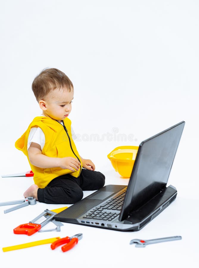 Small Boy Looking in Computer. Child Playing with Laptop Stock Photo ...