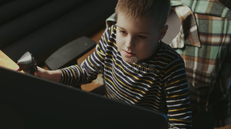 Small Boy Playing Video Game Using Flight Simulator Joystick. Stock ...