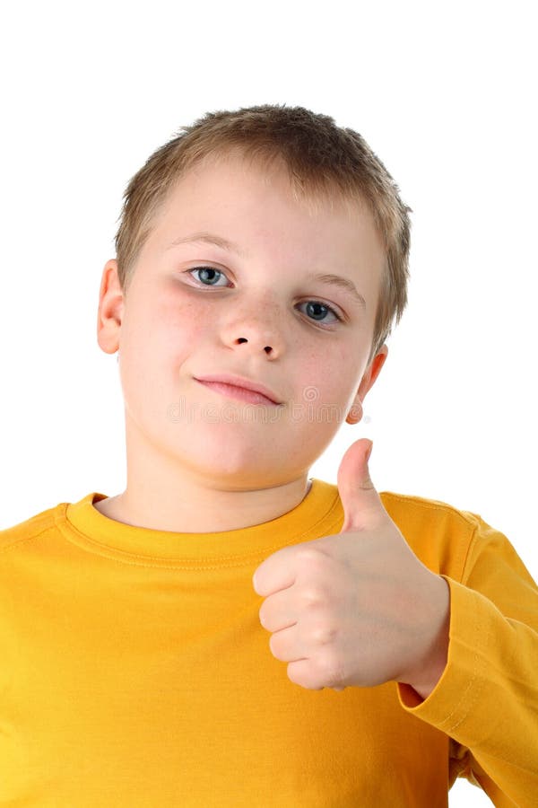 Small Boy Shows Thumb Up Gesture Isolated on White Stock Photo - Image ...