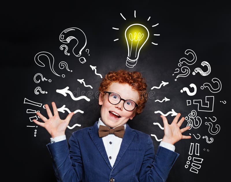 Small Boy Student with Question Marks and Light Bulb on Blackboard ...