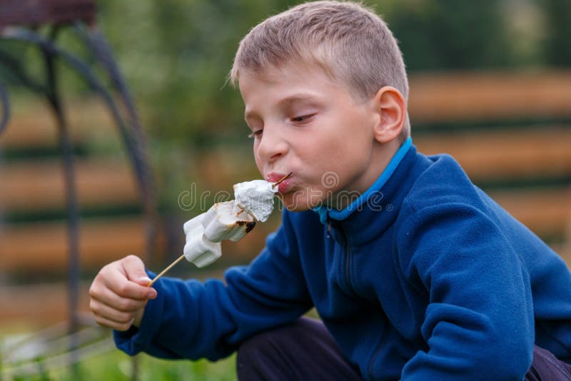Small Boy Tasting Roasted Marshmallow Near Fire Stock Photo - Image of ...
