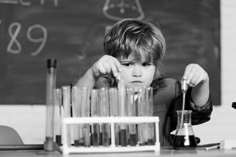 Small Boy at Science Camp. Microscope at Lab. Scientific Experiment ...