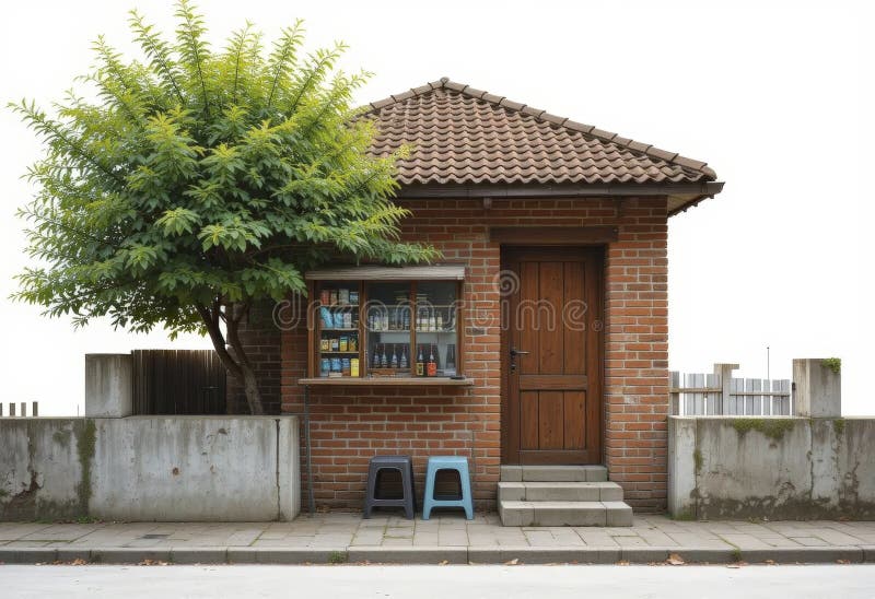 Small Brick Building with Display Window and Green Tree Adjacent Stock ...