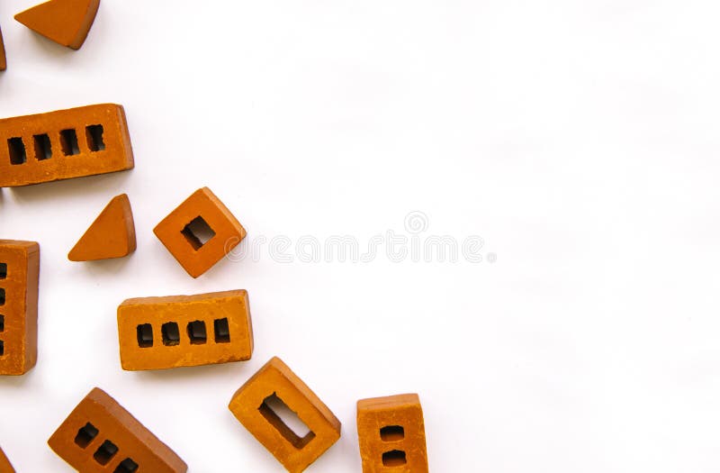 Small Bricks are Scattered on a White Background. Children`s ...