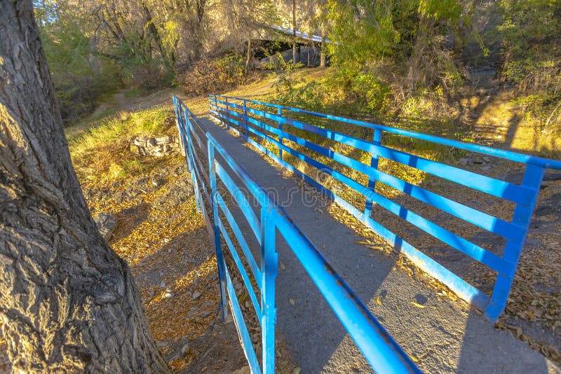 Small Bridge Over River Blue Railing Centered Stock Photo - Image of ...