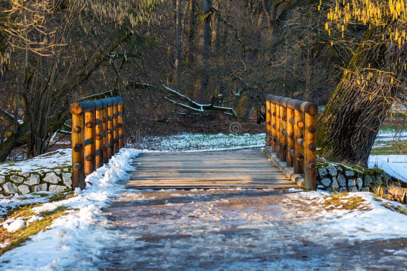 Small Bridge on the Winter Lake, Trees and Forest Stock Photo - Image ...