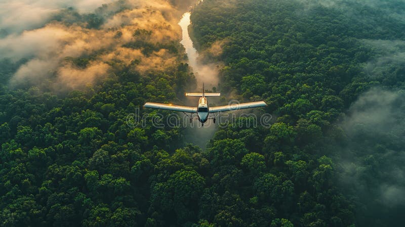 Small Bright Airplane Single-engine Flying Above the Forest, Aerial ...