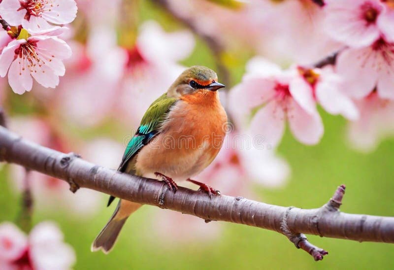 Small Bright Bird on a Flowering Tree Branch in Spring Stock ...