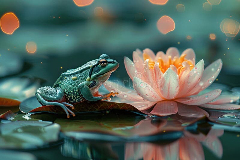 A Small Bright Green Frog Sits on a Water Lily Leaf in a Forest Pond ...