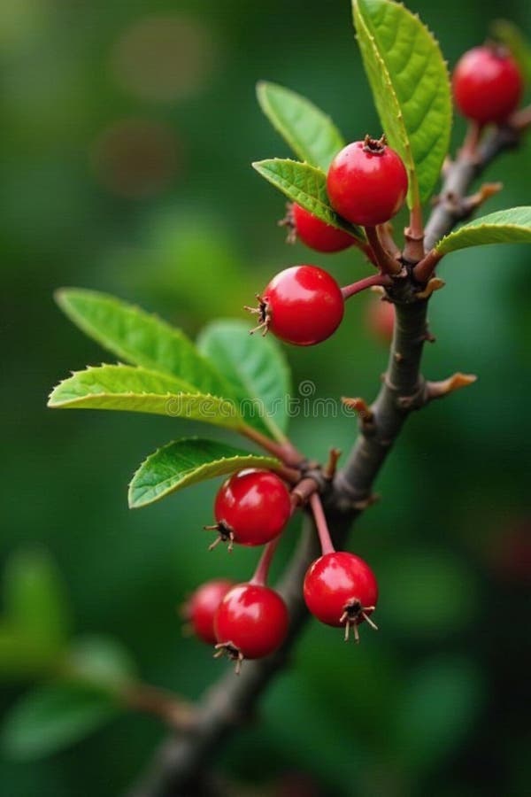 Small Bright Red Berries on a Shrub with Green Leaves and Thorny ...