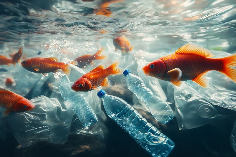 Small Brightly Colored Fish Swimming Underwater among Garbage Stock ...
