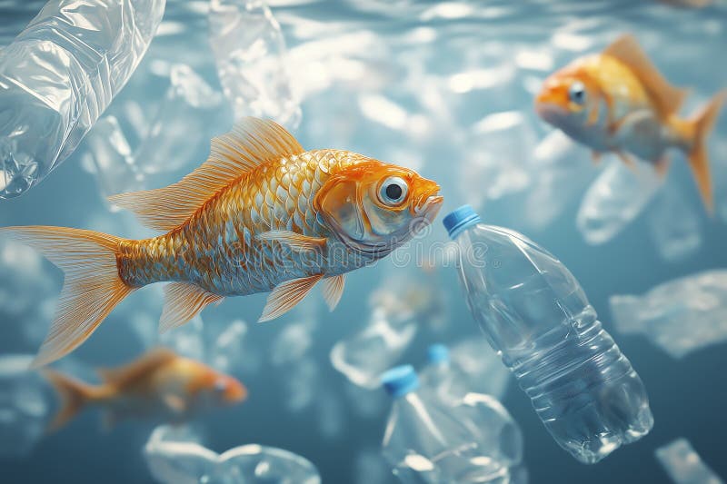 Small Brightly Colored Fish Swimming Underwater among Garbage Stock ...