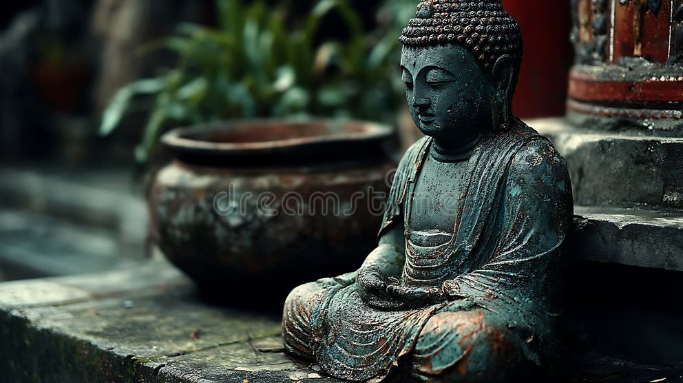 A Small Bronze Buddha Statue is Seated in a Meditative Pose on a Stone ...