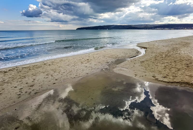 A Small Brook through Sea Sand with Sky Reflection Stock Image - Image ...