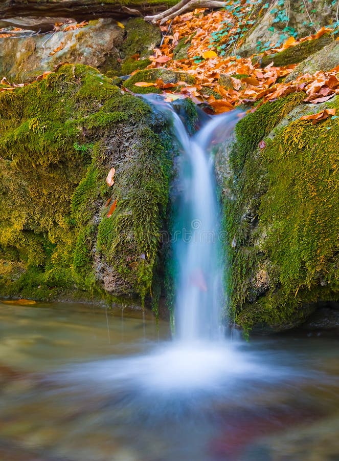 Small Brook with Waterfall Rushing in Mountain Canyon among a Stones ...